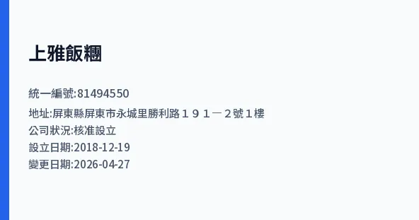 上雅飯糰的照片-統編 81494550(屏東縣) 公司登記資料與營業項目詳細圖表