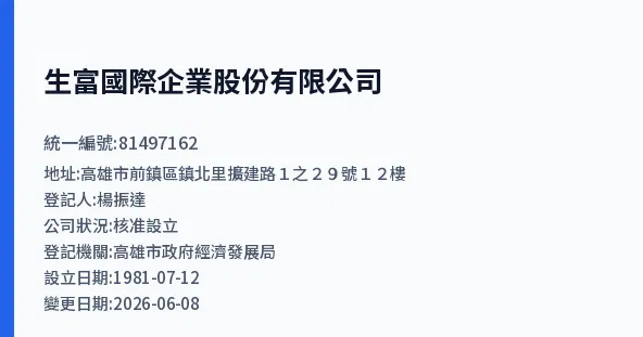 生富國際企業股份有限公司的照片-統編 81497162(高雄市) 公司登記資料與營業項目詳細圖表