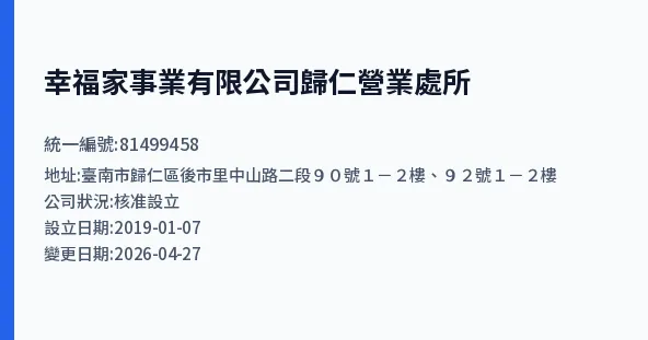 幸福家事業有限公司歸仁營業處所的照片-統編 81499458(臺南市) 公司登記資料與營業項目詳細圖表