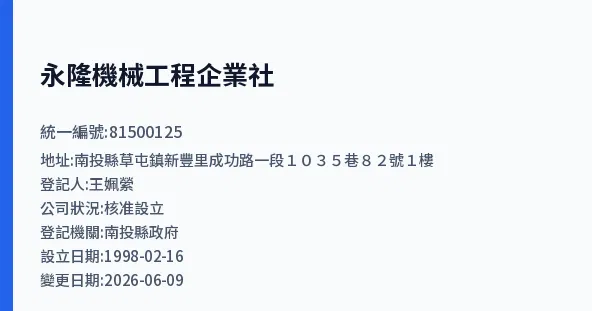 永隆機械工程企業社的照片-統編 81500125(南投縣) 公司登記資料與營業項目詳細圖表
