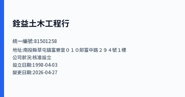 銓益土木工程行的照片-統編 81501258(南投縣) 公司登記資料與營業項目詳細圖表