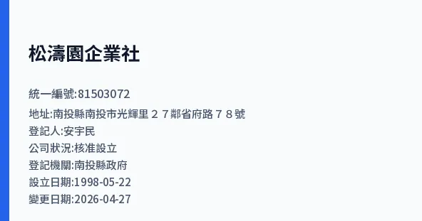 松濤園企業社的照片-統編 81503072(南投縣) 公司登記資料與營業項目詳細圖表