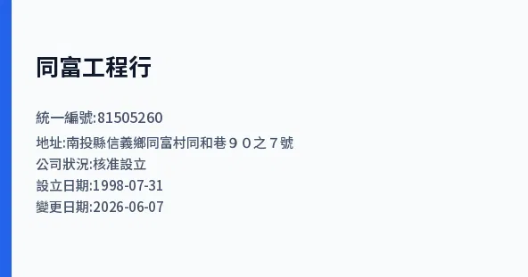 同富工程行的照片-統編 81505260(南投縣) 公司登記資料與營業項目詳細圖表