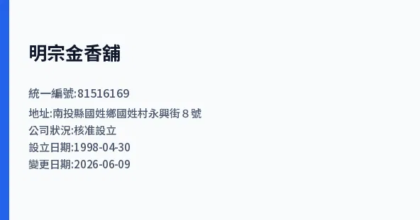 明宗金香舖的照片-統編 81516169(南投縣) 公司登記資料與營業項目詳細圖表