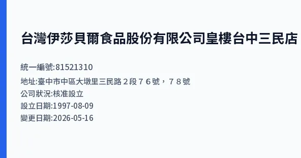 台灣伊莎貝爾食品股份有限公司皇樓台中三民店的照片-統編 81521310(臺中市) 公司登記資料與營業項目詳細圖表
