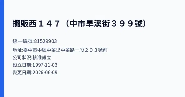 攤販西147(中市旱溪街399號)的照片-統編 81529903(臺中市) 公司登記資料與營業項目詳細圖表