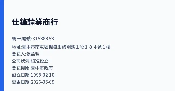 仕鋒輪業商行的照片-統編 81538353(臺中市) 公司登記資料與營業項目詳細圖表