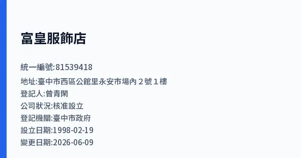 富皇服飾店的照片-統編 81539418(臺中市) 公司登記資料與營業項目詳細圖表