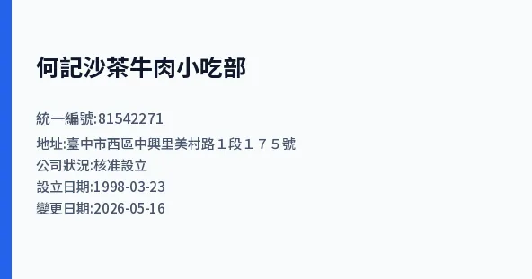 何記沙茶牛肉小吃部的照片-統編 81542271(臺中市) 公司登記資料與營業項目詳細圖表