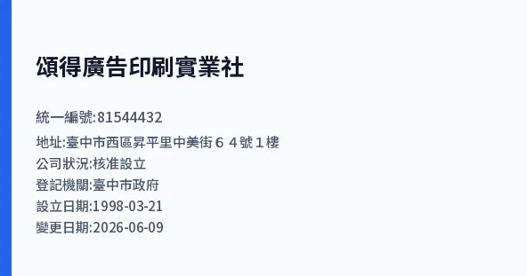 頌得廣告印刷實業社的照片-統編 81544432(臺中市) 公司登記資料與營業項目詳細圖表