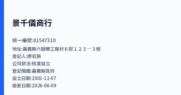 景千儀商行的照片-統編 81547310(嘉義縣) 公司登記資料與營業項目詳細圖表