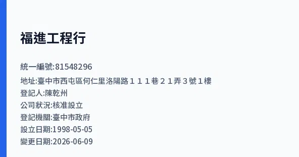 福進工程行的照片-統編 81548296(臺中市) 公司登記資料與營業項目詳細圖表