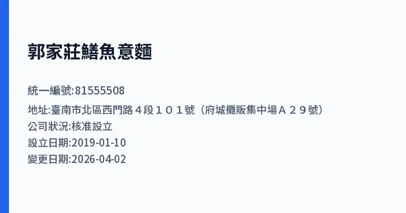 郭家莊鱔魚意麵的照片-統編 81555508(臺南市) 公司登記資料與營業項目詳細圖表