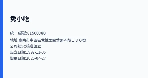 秀小吃的照片-統編 81560880(臺南市) 公司登記資料與營業項目詳細圖表