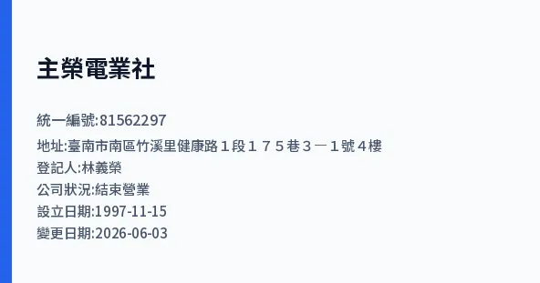 主榮電業社的照片-統編 81562297(臺南市) 公司登記資料與營業項目詳細圖表