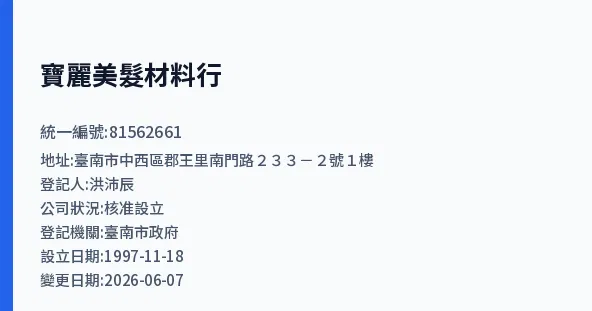 寶麗美髮材料行的照片-統編 81562661(臺南市) 公司登記資料與營業項目詳細圖表