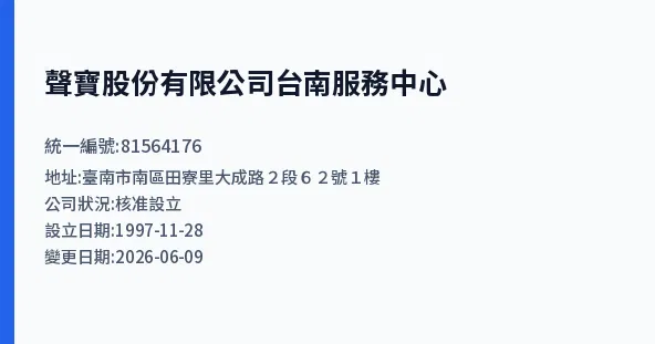 聲寶股份有限公司台南服務中心的照片-統編 81564176(臺南市) 公司登記資料與營業項目詳細圖表
