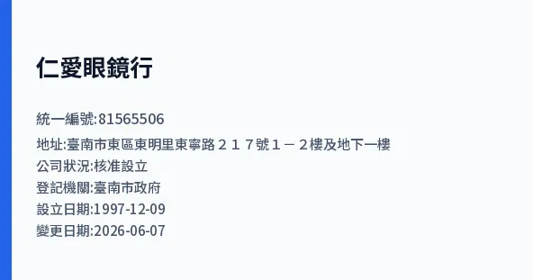 仁愛眼鏡行的照片-統編 81565506(臺南市) 公司登記資料與營業項目詳細圖表