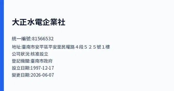 大正水電企業社的照片-統編 81566532(臺南市) 公司登記資料與營業項目詳細圖表