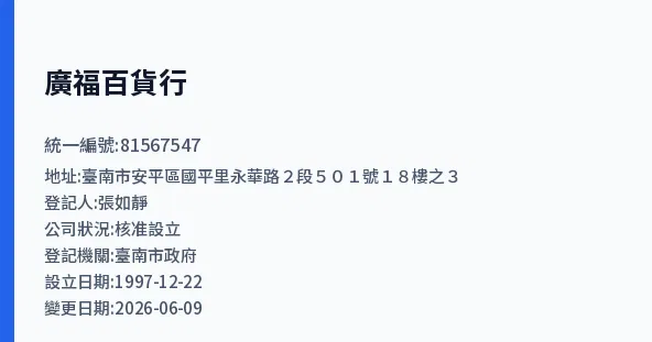 廣福百貨行的照片-統編 81567547(臺南市) 公司登記資料與營業項目詳細圖表