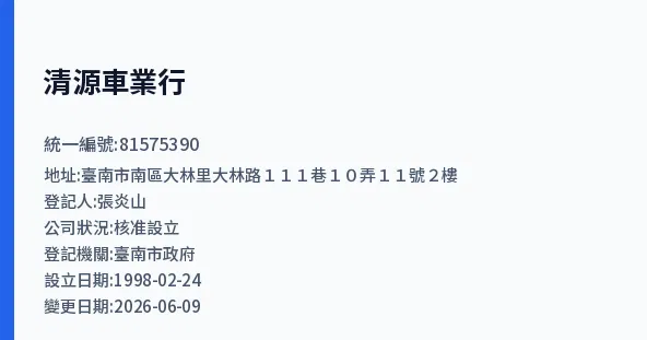 清源車業行的照片-統編 81575390(臺南市) 公司登記資料與營業項目詳細圖表