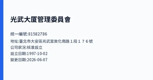 光武大厦管理委員會的照片-統編 81582786(臺北市) 公司登記資料與營業項目詳細圖表