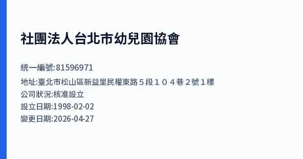 社團法人台北市幼兒園協會的照片-統編 81596971(臺北市) 公司登記資料與營業項目詳細圖表