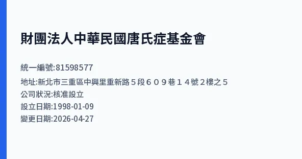 財團法人中華民國唐氏症基金會的照片-統編 81598577(新北市) 公司登記資料與營業項目詳細圖表
