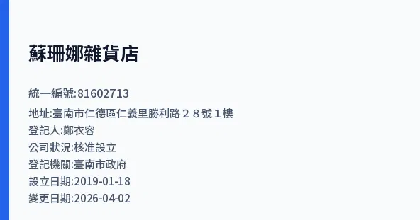 蘇珊娜雜貨店的照片-統編 81602713(臺南市) 公司登記資料與營業項目詳細圖表