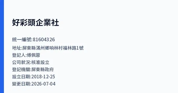 好彩頭企業社的照片-統編 81604326(屏東縣) 公司登記資料與營業項目詳細圖表