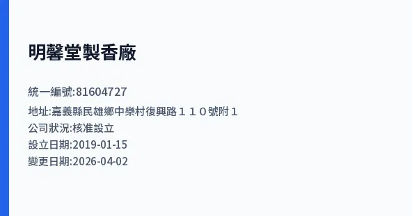 明馨堂製香廠的照片-統編 81604727(嘉義縣) 公司登記資料與營業項目詳細圖表