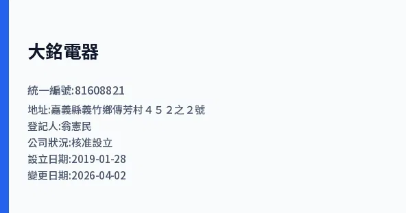 大銘電器的照片-統編 81608821(嘉義縣) 公司登記資料與營業項目詳細圖表