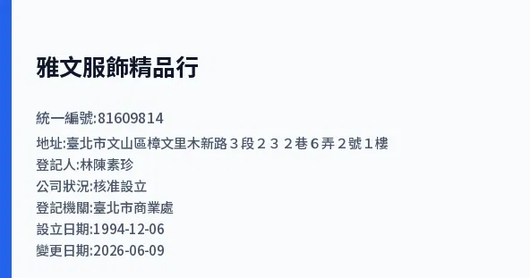 雅文服飾精品行的照片-統編 81609814(臺北市) 公司登記資料與營業項目詳細圖表