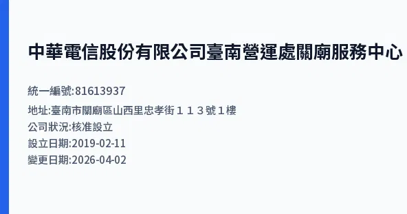 中華電信股份有限公司臺南營運處關廟服務中心的照片-統編 81613937(臺南市) 公司登記資料與營業項目詳細圖表