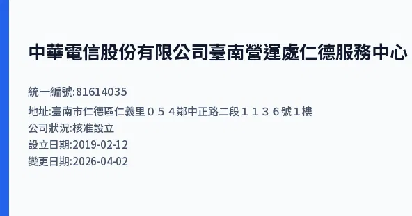 中華電信股份有限公司臺南營運處仁德服務中心的照片-統編 81614035(臺南市) 公司登記資料與營業項目詳細圖表