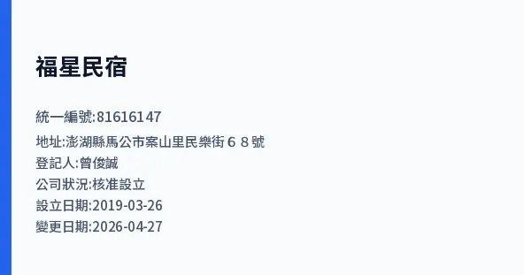 福星民宿的照片-統編 81616147(澎湖縣) 公司登記資料與營業項目詳細圖表