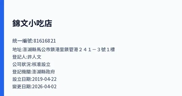 錦文小吃店的照片-統編 81616821(澎湖縣) 公司登記資料與營業項目詳細圖表