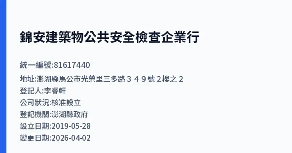 錦安建築物公共安全檢查企業行的照片-統編 81617440(澎湖縣) 公司登記資料與營業項目詳細圖表