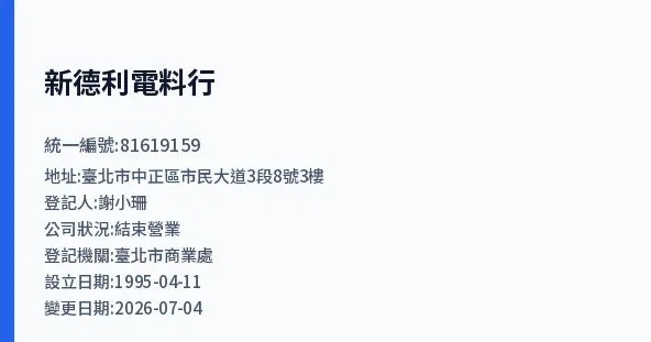 新德利電料行的照片-統編 81619159(臺北市) 公司登記資料與營業項目詳細圖表