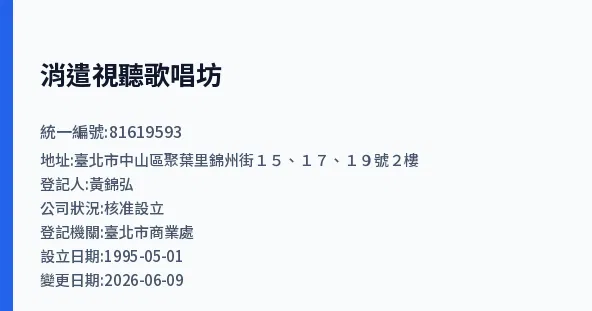 消遣視聽歌唱坊的照片-統編 81619593(臺北市) 公司登記資料與營業項目詳細圖表