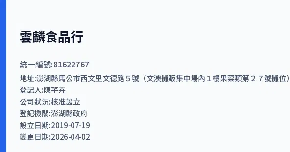 雲麟食品行的照片-統編 81622767(澎湖縣) 公司登記資料與營業項目詳細圖表