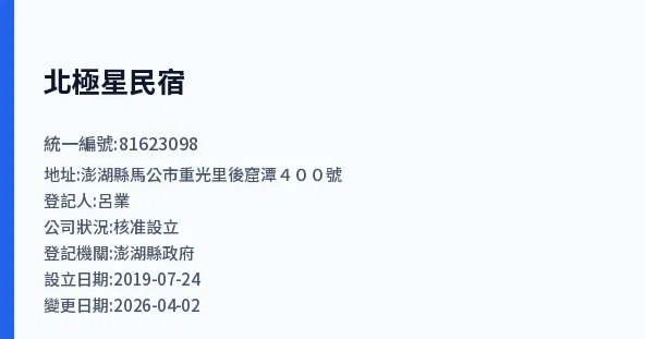北極星民宿的照片-統編 81623098(澎湖縣) 公司登記資料與營業項目詳細圖表