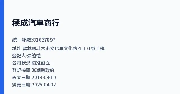 穩成汽車商行的照片-統編 81627897(雲林縣) 公司登記資料與營業項目詳細圖表