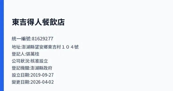 東吉得人餐飲店的照片-統編 81629277(澎湖縣) 公司登記資料與營業項目詳細圖表