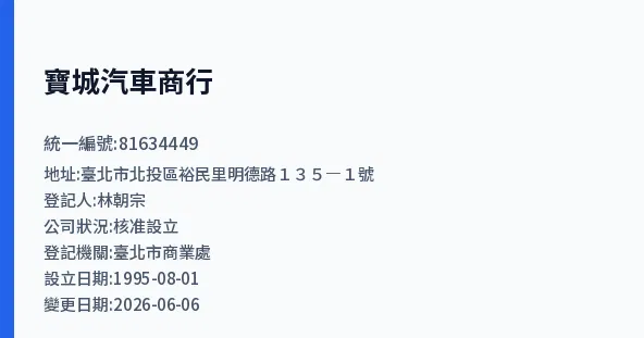 寶城汽車商行的照片-統編 81634449(臺北市) 公司登記資料與營業項目詳細圖表