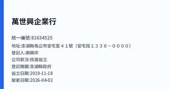 萬世興企業行的照片-統編 81634525(澎湖縣) 公司登記資料與營業項目詳細圖表