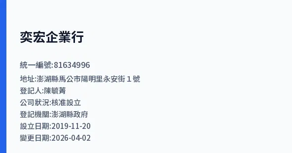 奕宏企業行的照片-統編 81634996(澎湖縣) 公司登記資料與營業項目詳細圖表