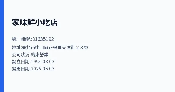 家味鮮小吃店的照片-統編 81635192(臺北市) 公司登記資料與營業項目詳細圖表
