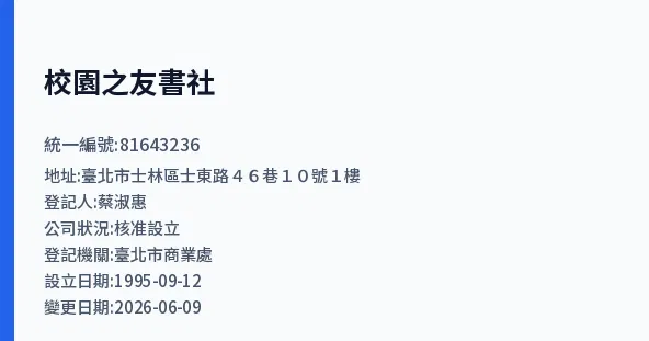 校園之友書社的照片-統編 81643236(臺北市) 公司登記資料與營業項目詳細圖表