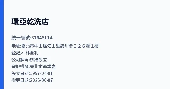 環亞乾洗店的照片-統編 81646114(臺北市) 公司登記資料與營業項目詳細圖表